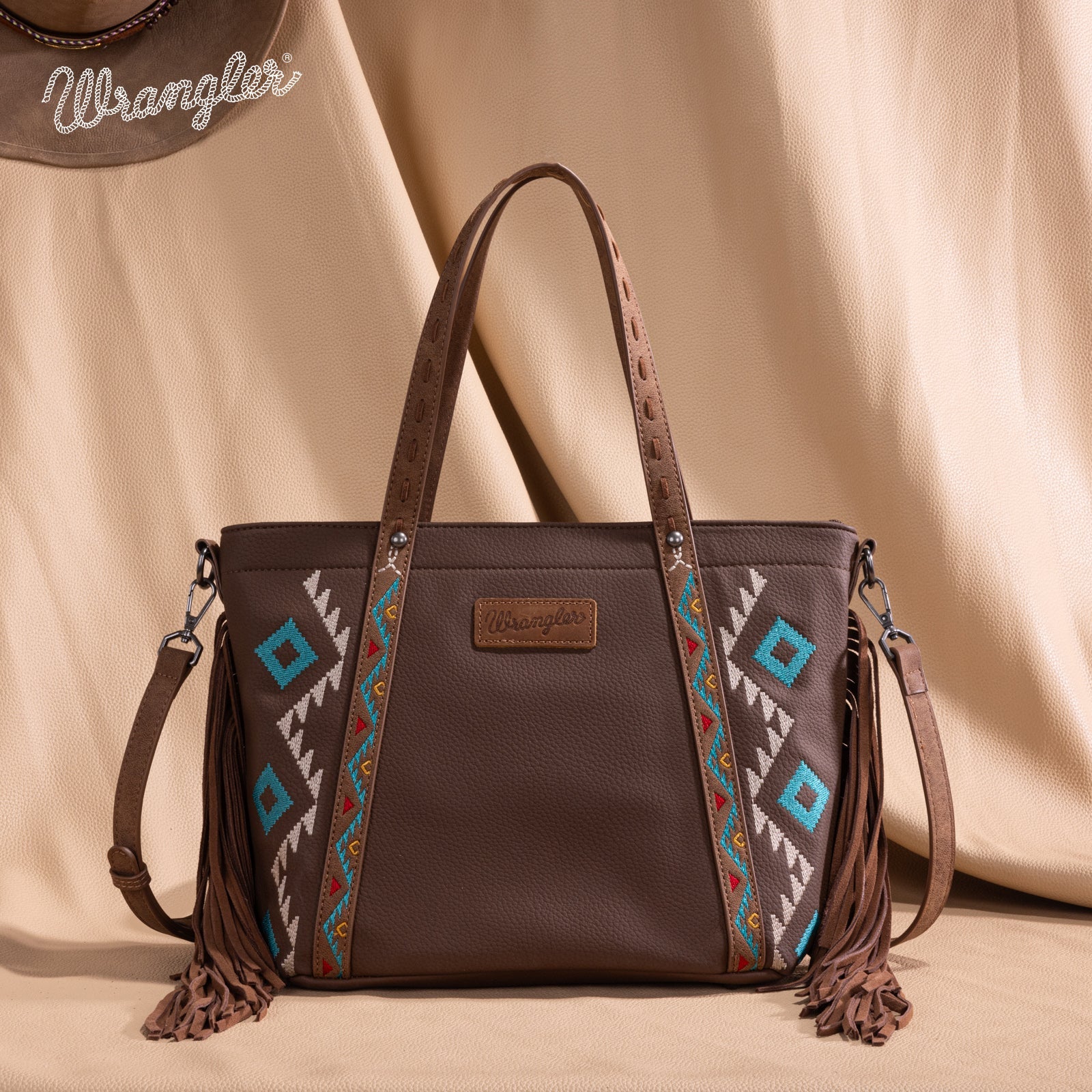 WG233-2009 Wrangler Aztec Embroidered Tote/Crossbody Bag- Brown ...